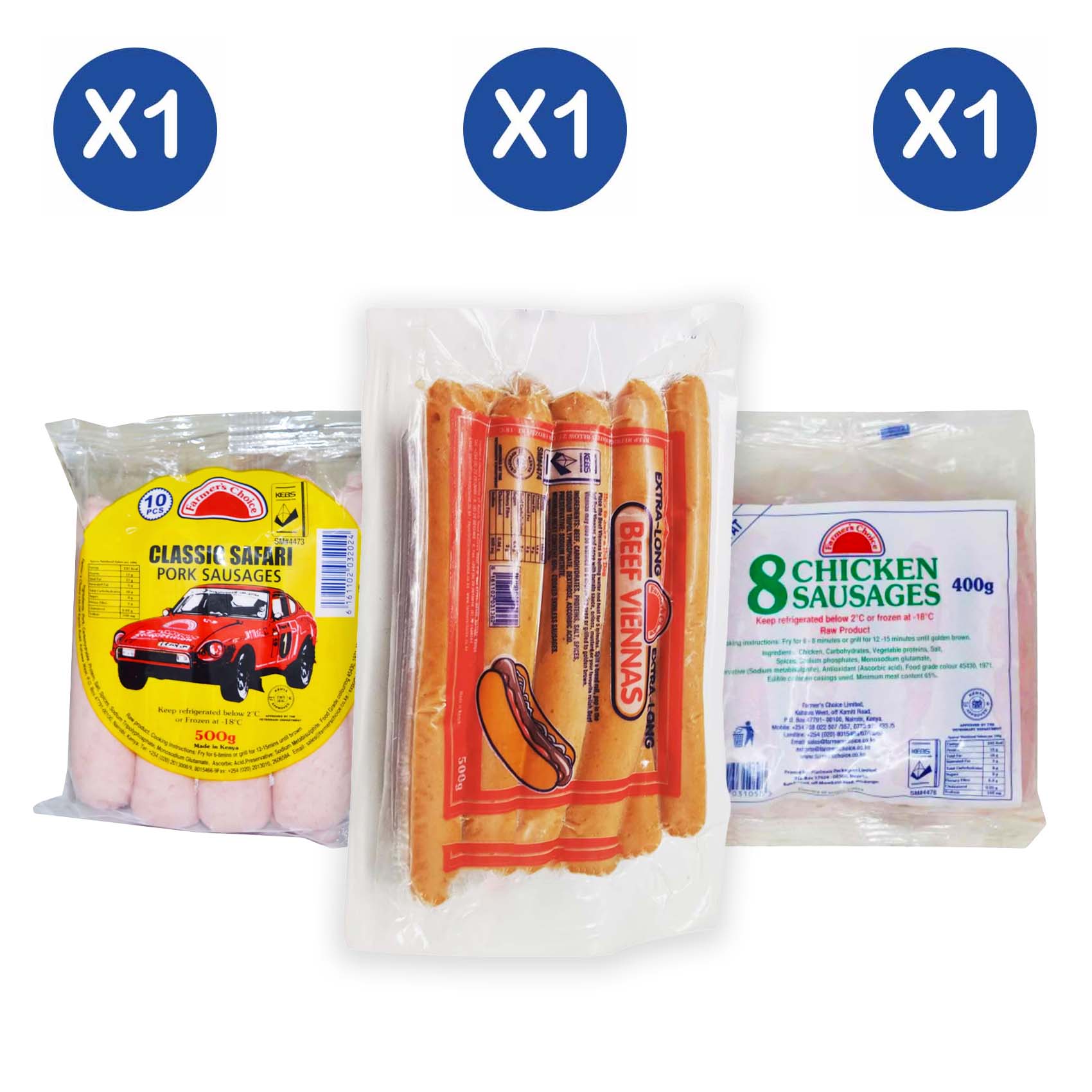 Buy Farmers Choice Pork Sausages + Chicken Sausages + Beef Vienas ...