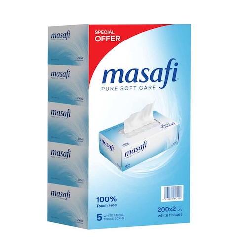 Masafi Pure Soft Care 2 Ply Facial Tissues White 200 Sheets Pack of 5 ...