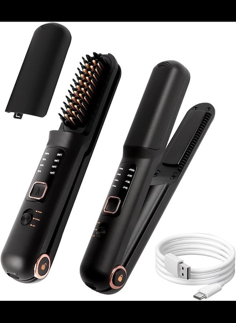 Cordless Hair Straightener 2 in 1 Portable Flat Iron Straightening Brush Fast Heating 3 Heat Settings USB Rechargeable Wireless Hair Straightener