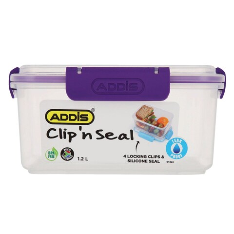 Buy Addis Clip N Seal Rectangular Lunch Box 1.2L White/Purple Online ...
