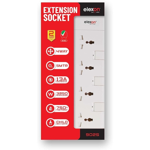 Elexon ESMA approved Universal Extension Socket with 4 Way Plug 5 meter ...