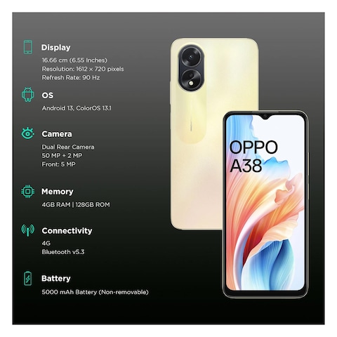 Buy Oppo A38 4GB 128GB 4G Dual SIM Smartphone 6.56 Inch Glowing Gold ...