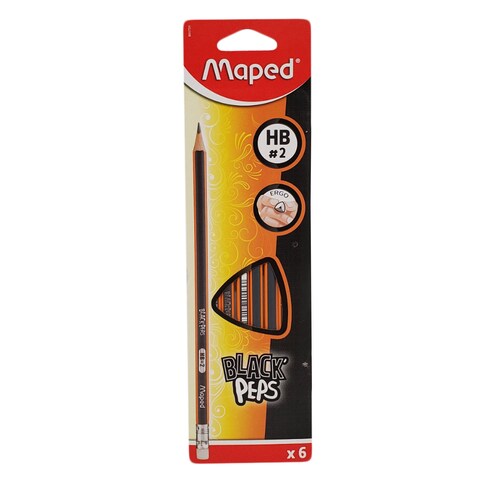 Buy Maped Black Peps Triangular Pencil With Eraser HB2 6 Pieces Online ...