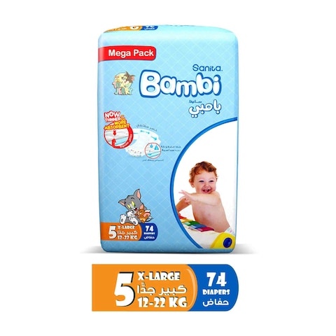 Sanita Bambi Tom Jerry Diapers Extra Large Size 5 12-22kg Mega Pack 74 ...